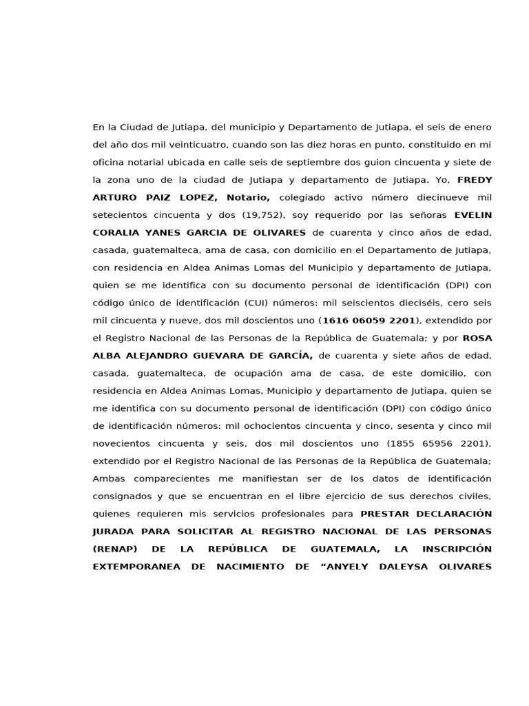 ACTA DE DECLARACION JURADA PARA RENAP -POR INSCRIPCION EXTEMPORANEA DE ...