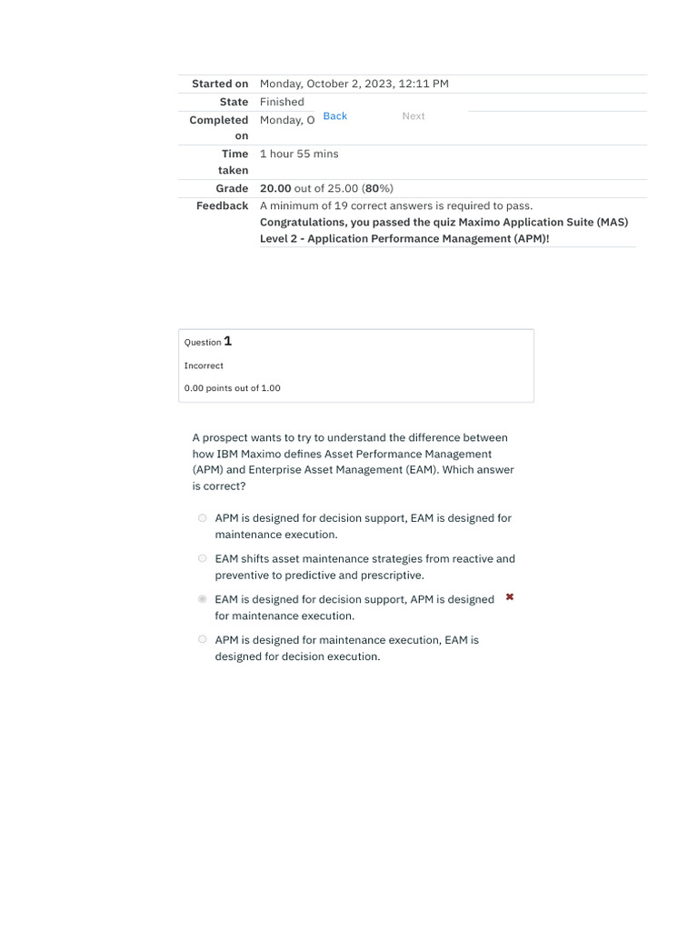 Maximo Application Suite Mas Level 2 Application Performance Management Apm Quiz Attempt