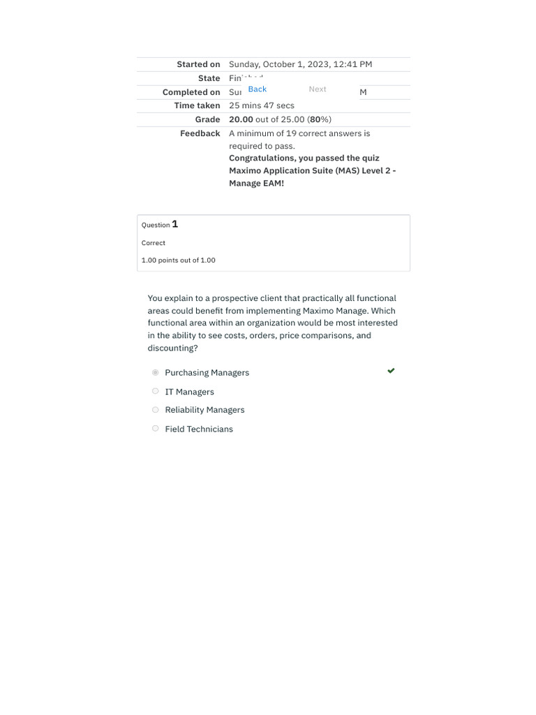 Maximo Application Suite Mas Level 2 Manage Eam Quiz Attempt Review Pdf Asset Management