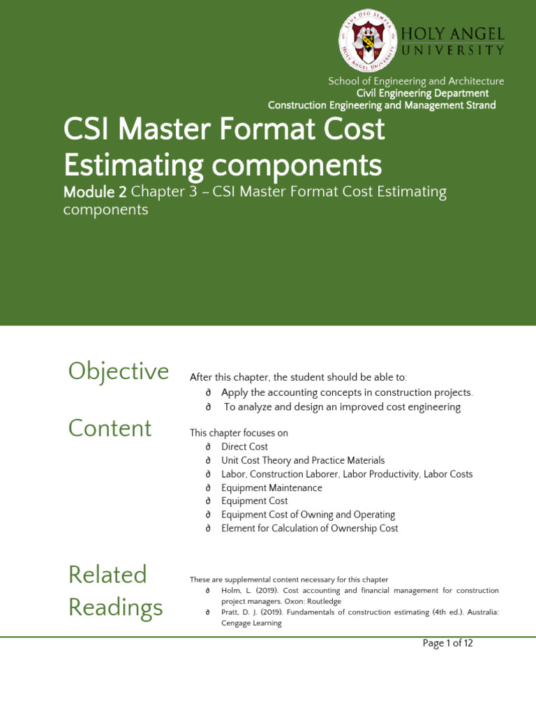 Module 2 Chapter 3 - CSI Master Format Cost Estimating Components | PDF | Depreciation | Heavy ...