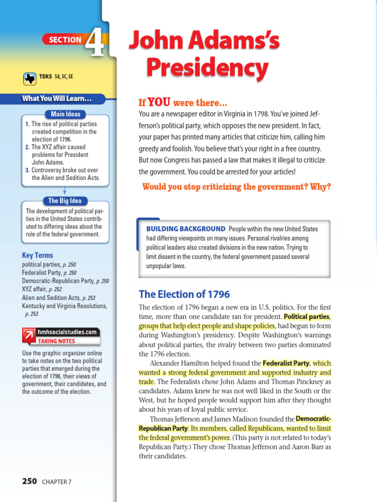 Chapter 7 Section 4 Reading | PDF | Federalist Party | The United States