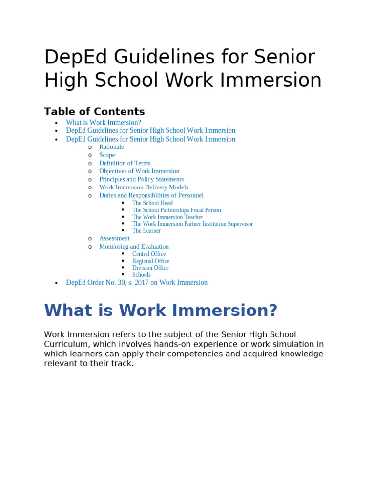 DepEd Senior High Work Immersion Guide | PDF | Curriculum | Learning
