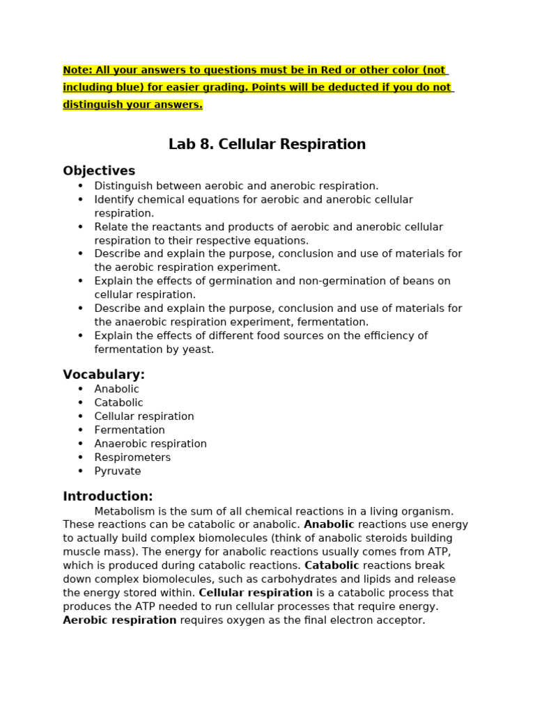 Lab 8: Cellular Respiration Experiments | PDF | Cellular Respiration ...