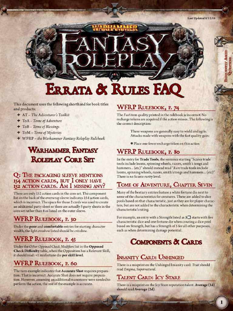 WFRP - WFRP Errata & Faq | PDF