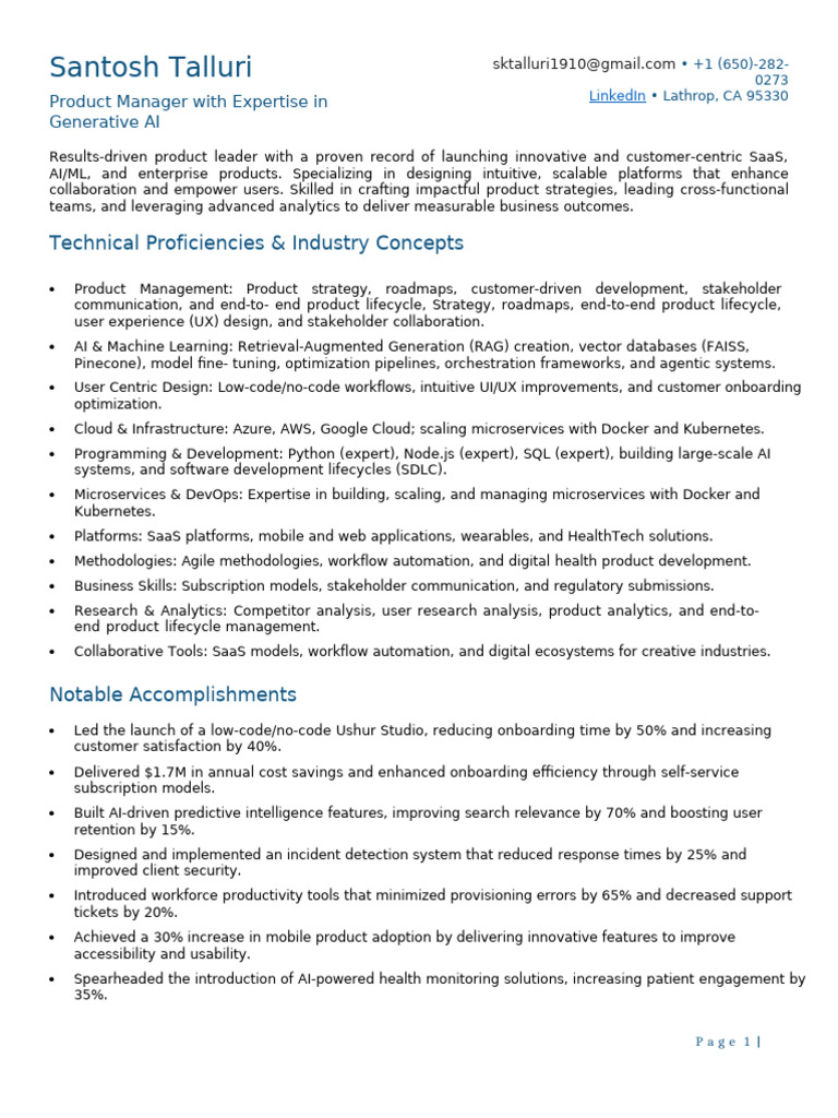 Santosh Talluri Resume For Product Manager | PDF | Software As A Service | Software Development ...