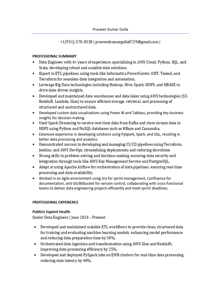Praveen Data Engineer Resume AWS | PDF | Apache Spark | Electronic Health Record