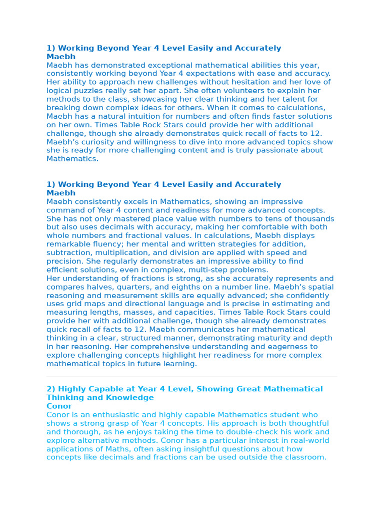 Year 4 Mathematics Student Assessments | PDF | Reading Comprehension ...