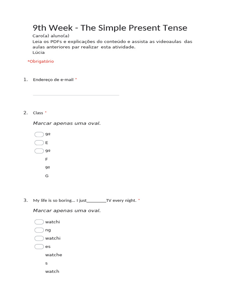 Exercícios de Simple Present para 9º Ano | PDF