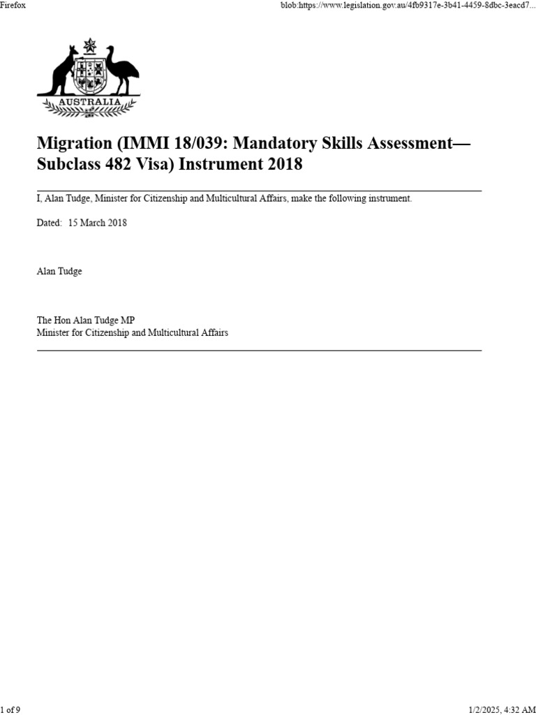 Migration (IMMI 18/039: Mandatory Skills Assessment - Subclass 482 Visa ...
