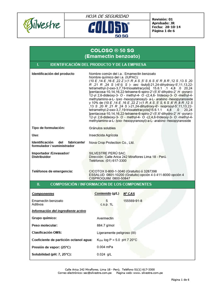 Hoja de Seguridad Coloso 50 SG | PDF | Agua | Aspiradora