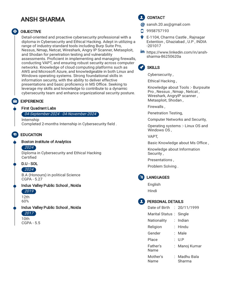CV - Ansh Sharma Latest 2k25 | PDF | Computer Security | Security