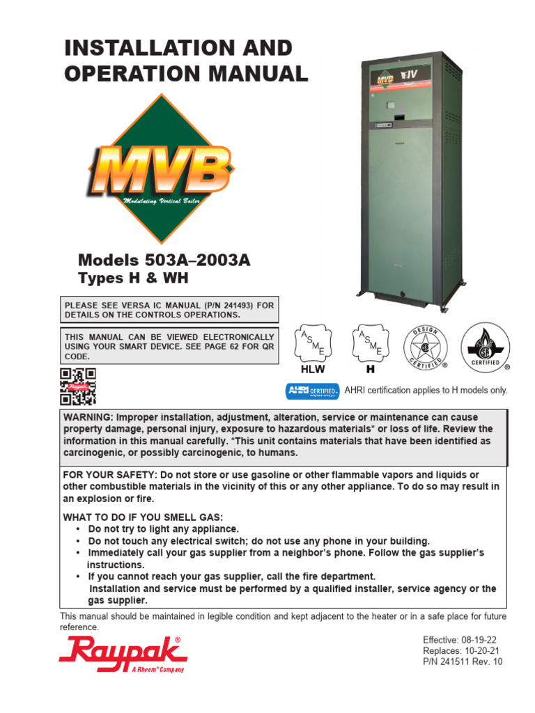 Installation and Operation Manual MVB Models 503A - 2003A Types H & WH ...