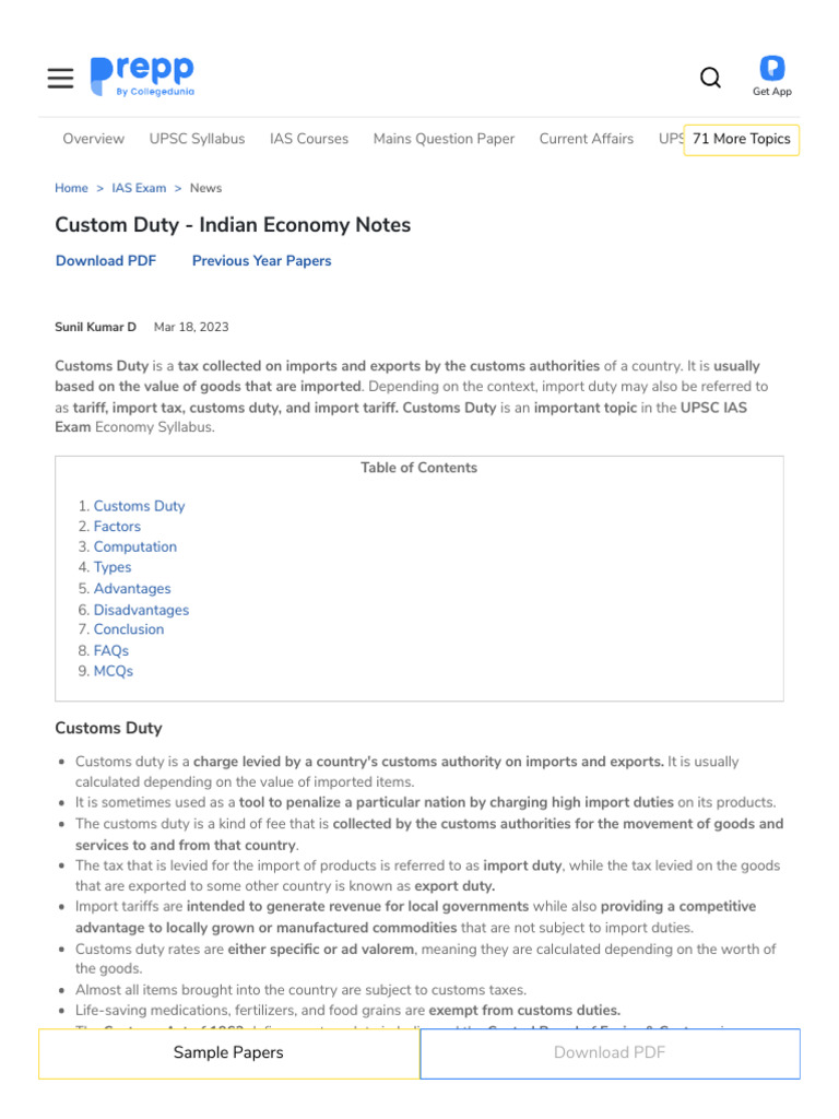 Customs Duty Overview for IAS Exam | PDF | Taxes | Tariff