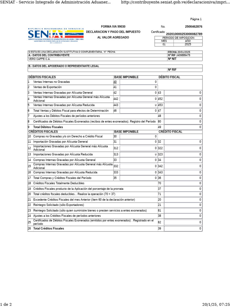 Decla Iva 1Q Enero2025 Vero Caffe | PDF | Impuesto al valor agregado | Impuestos