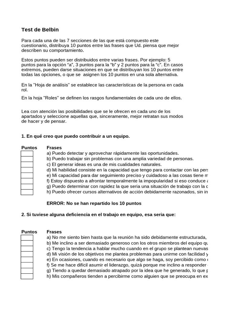 Test de Belbin | PDF | Perfeccionismo (psicología) | Sicología