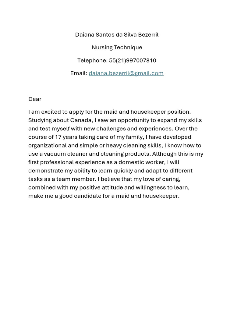 Maid and Housekeeper Application Letter | PDF