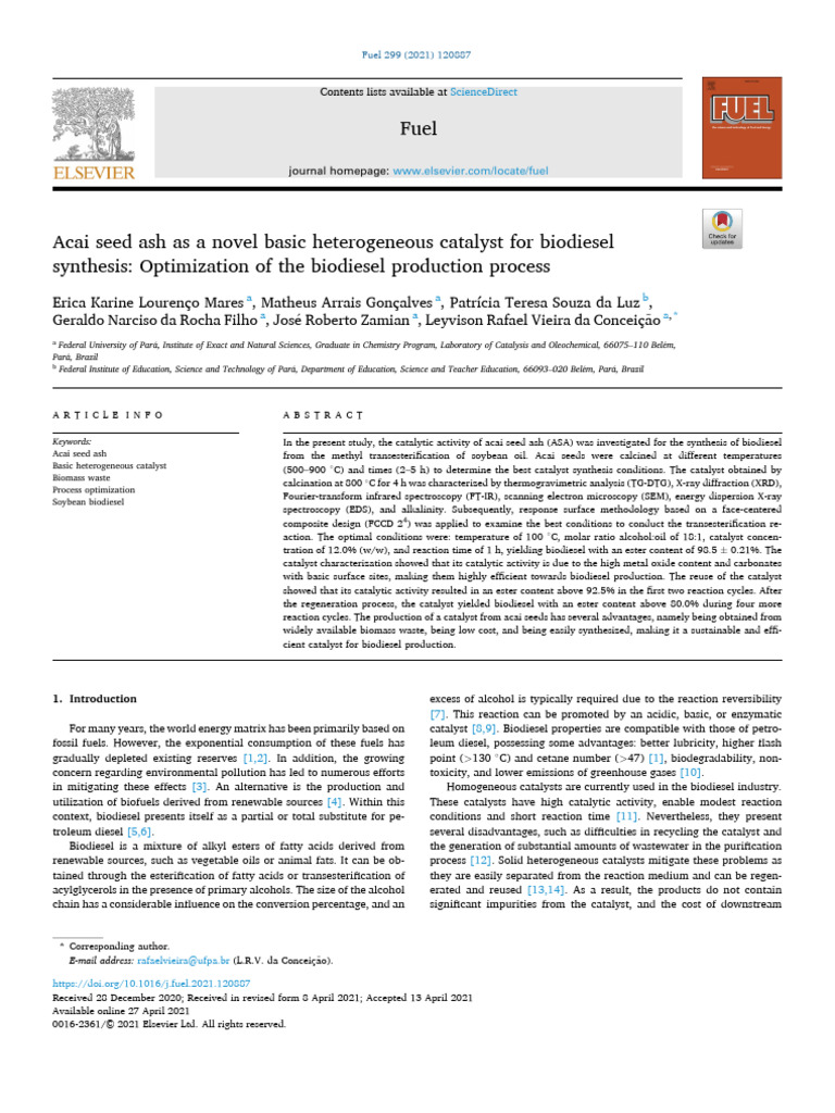 Acai Seed Ash As A Novel Basic Heterogeneous Catalyst For Biodiesel ...