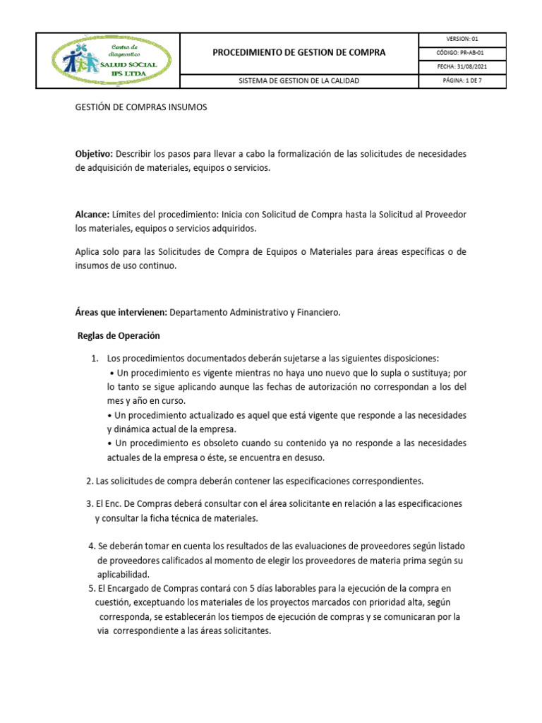PR-AB-01 PROCEDIMIENTO PARA COMPRAS EQUIPOS E INSUMOS TECNOLOGICOS | PDF | Calidad (comercial ...