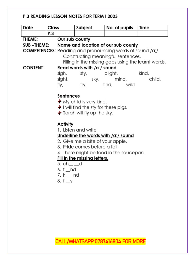 P.3 Reading Lesson Notes For Term I 2023 | PDF | Sentence (Linguistics)