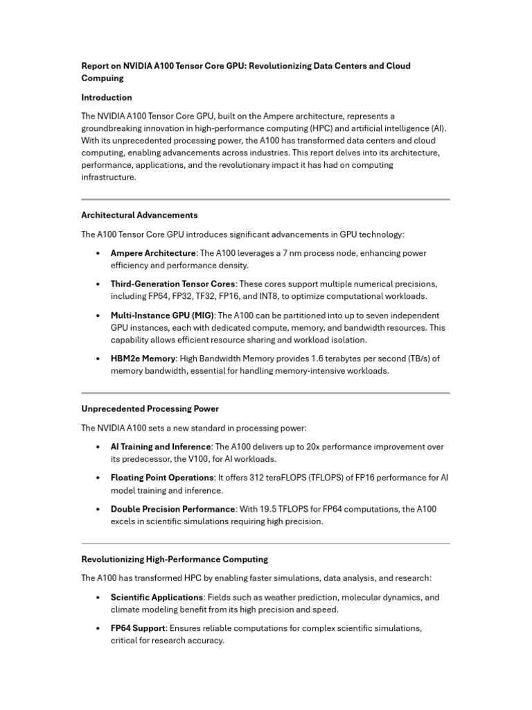 Report On Nvidia A100 Tensor Core Gpu Pdf Artificial Intelligence Intelligence Ai