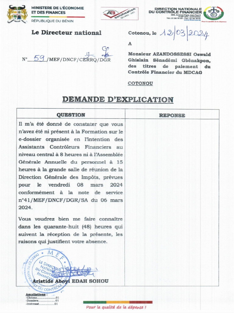 Demande D'explication Monsieur AZANDOSSESSI Oswald Ghislain | PDF