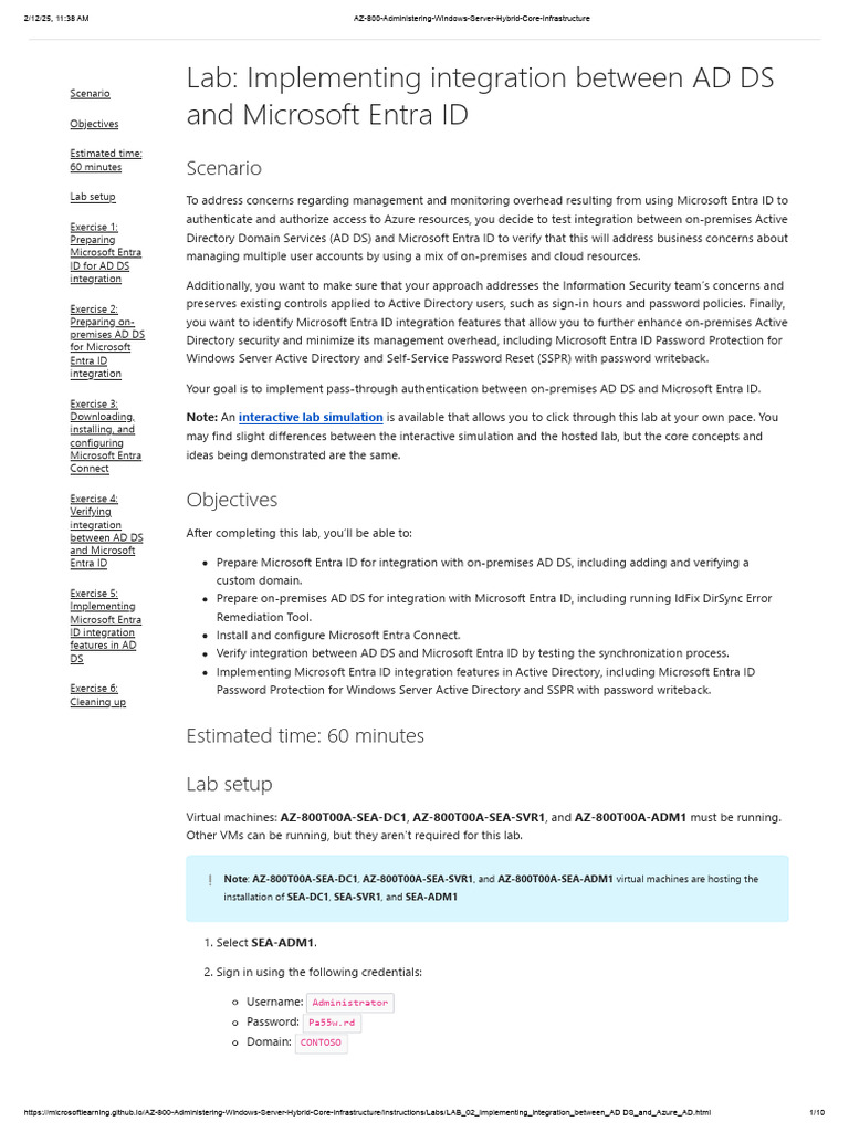 Lab - Implementing Integration Between AD DS and Microsoft Entra ID | PDF | Active Directory ...