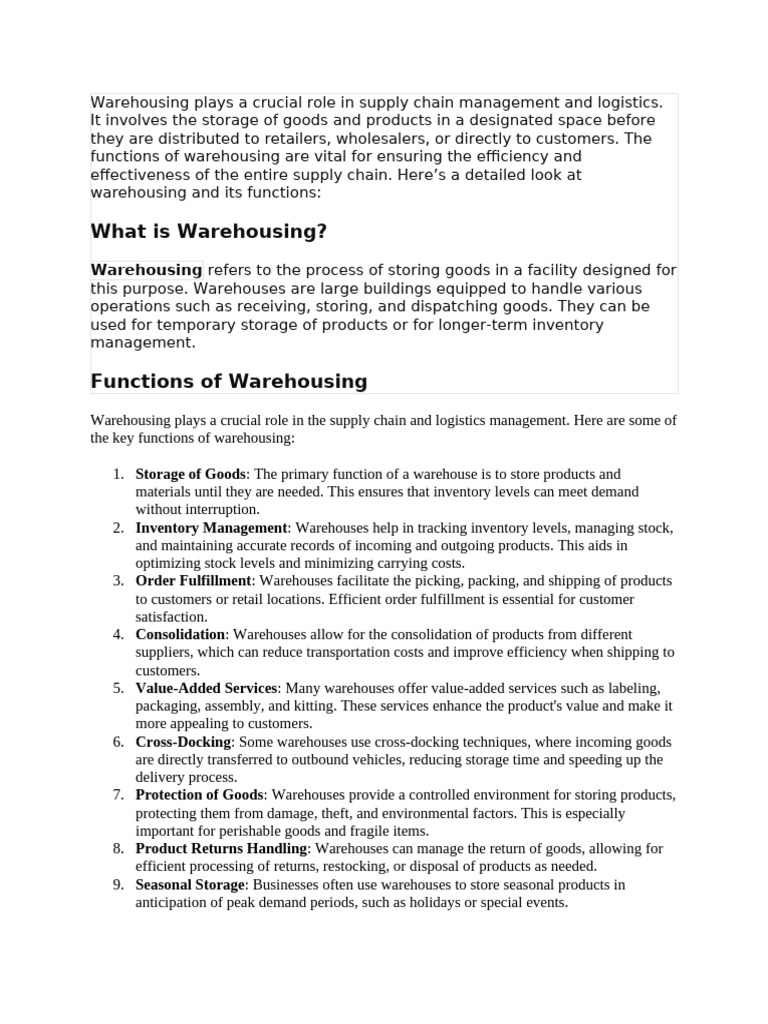 Essential Functions of Warehousing | PDF | Warehouse | Logistics