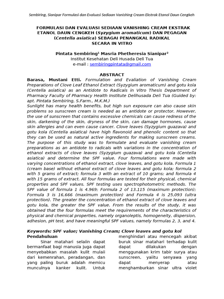 "FORMULASI DAN EVALUASI SEDIAAN VANISHING CREAM EKSTRAK ETANOL DAUN ...