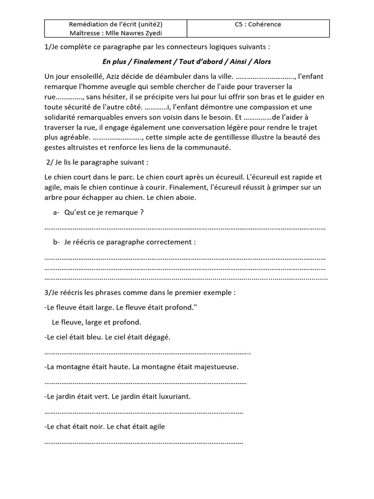 Exercices de rédaction et de cohérence | PDF