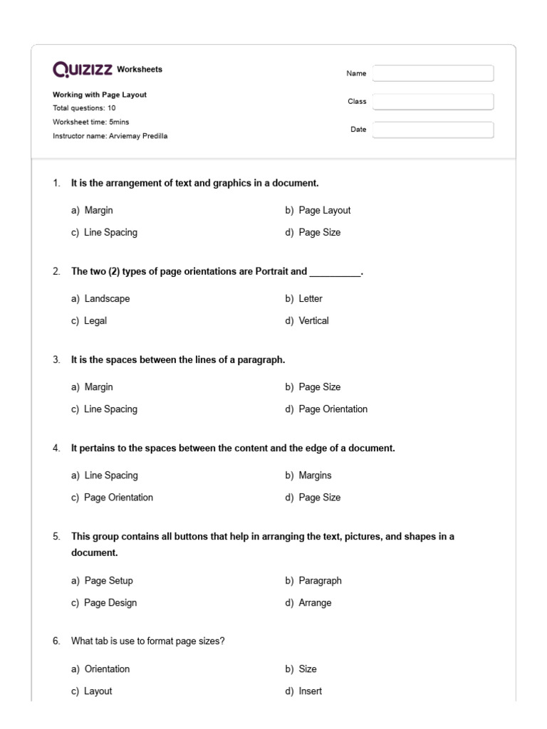 Working With Page Layout - Quizizz | PDF