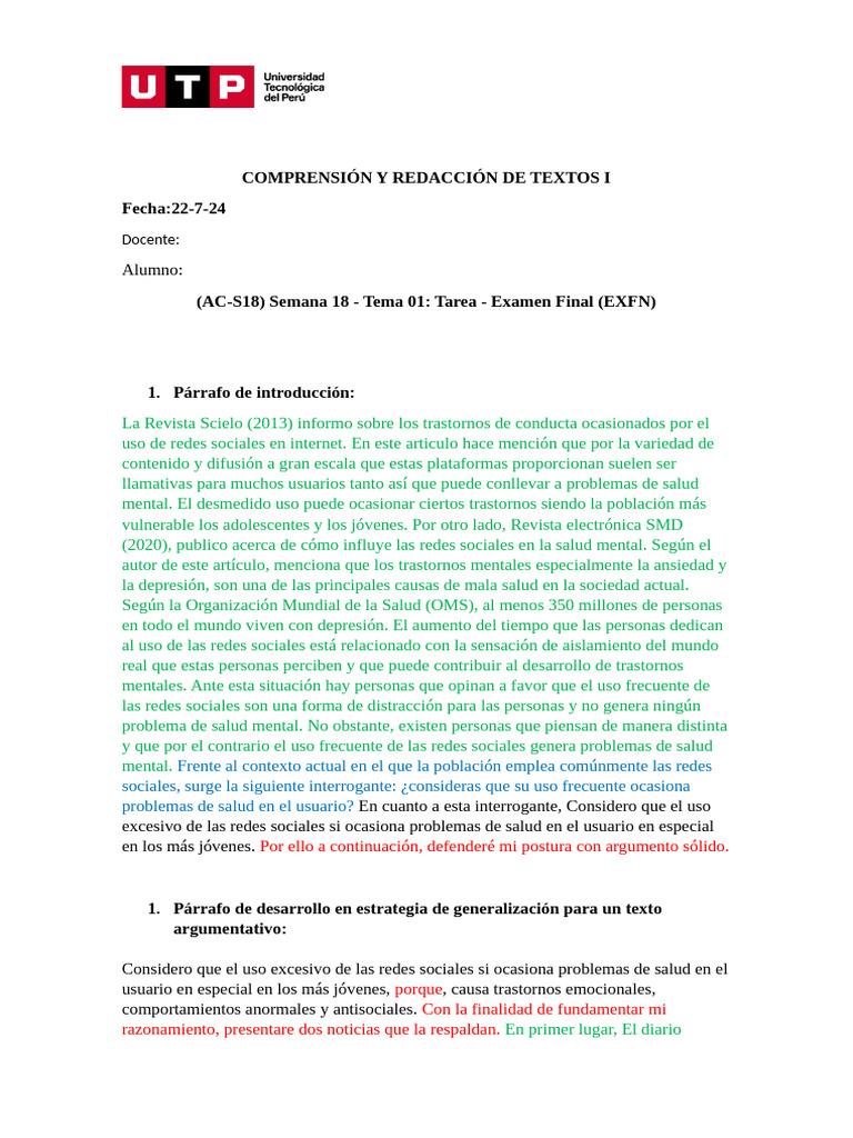 (AC-S18) Semana 18 - Tema 01 Tarea - Examen Final (EXFN) | PDF | Ansiedad | Autoestima
