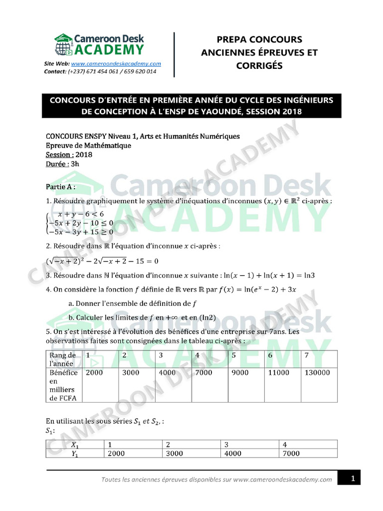 Epreuve Maths Enspy Niveau 1 Ahn 2018-2020 | PDF