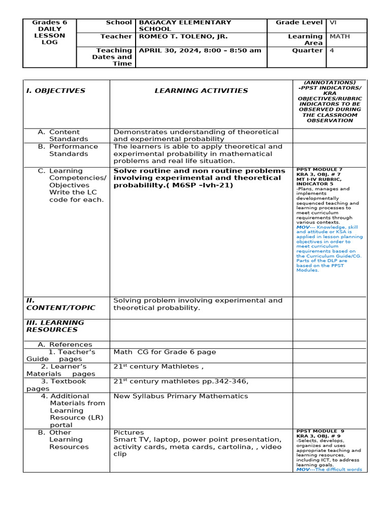 Cot - DLP - Mathematics 6 2024 | PDF | Educational Assessment | Learning