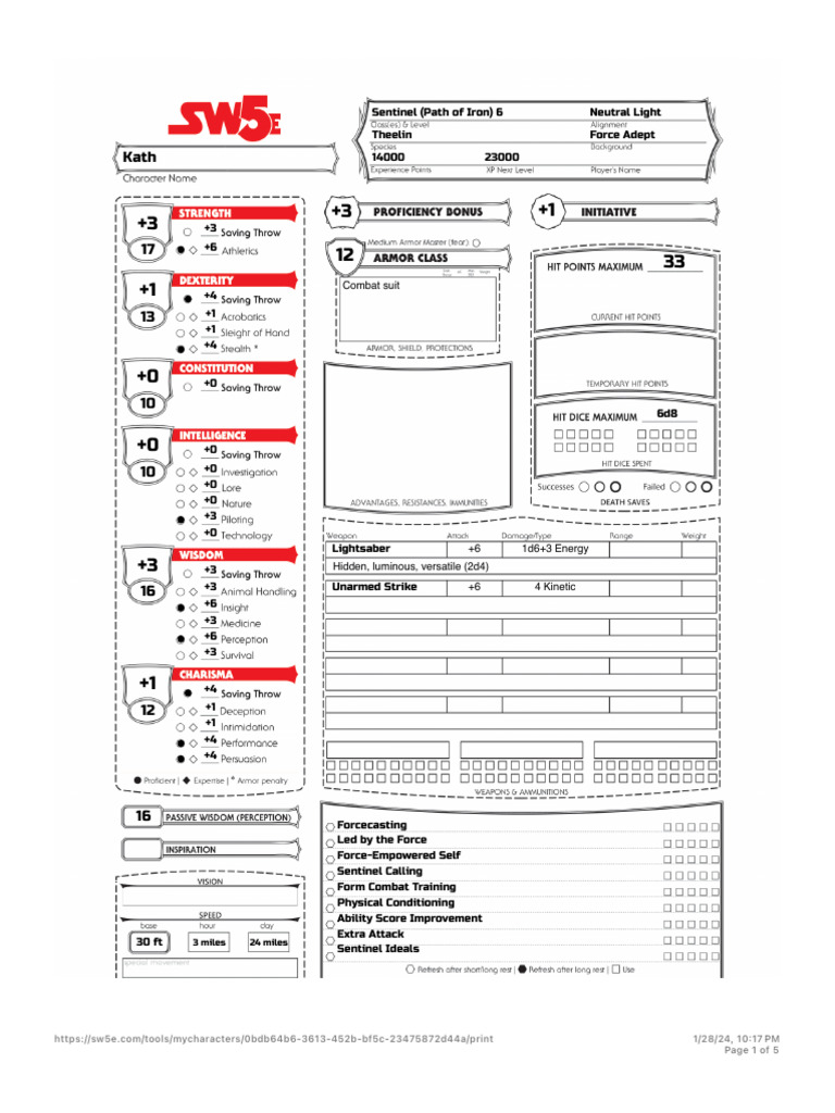 Print Character Sheet SW5E | PDF