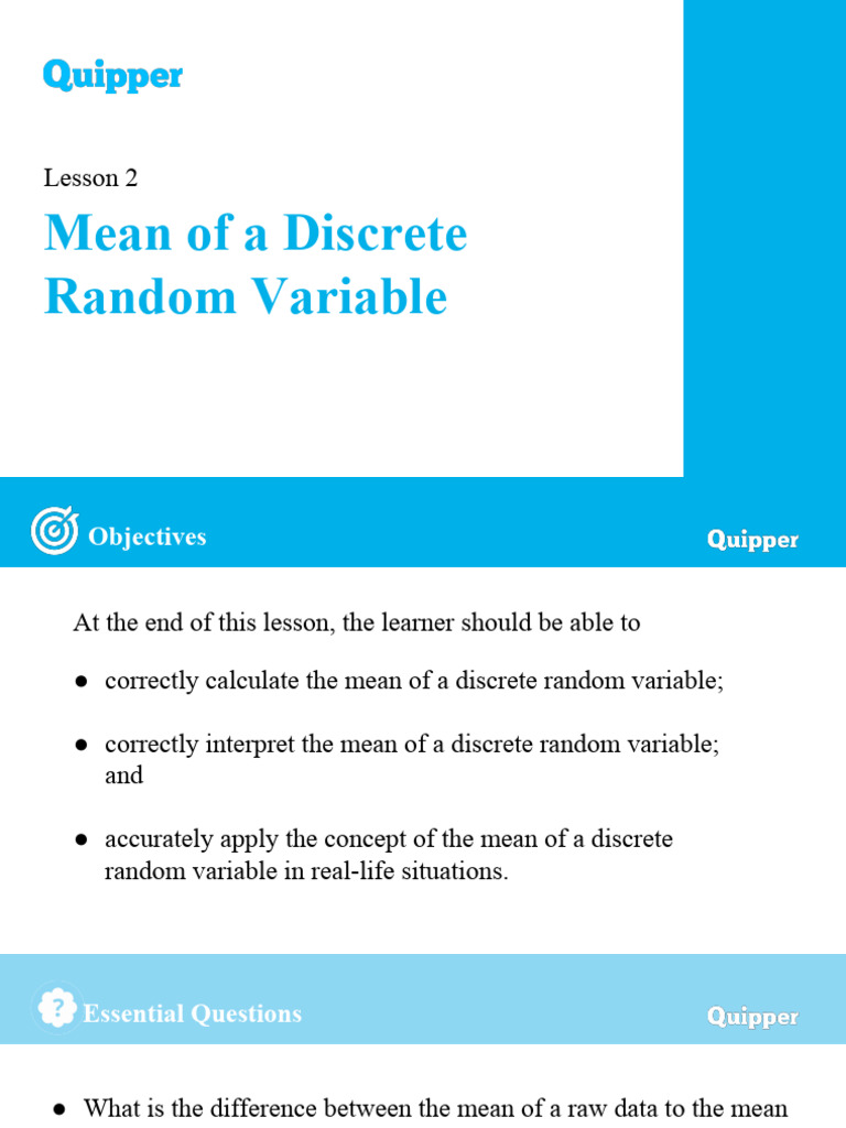 Lesson 2 - Mean of Discrete Random Variables | PDF | Mean | Probability Distribution