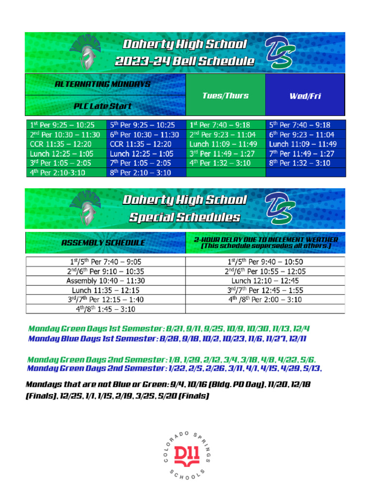 Doherty High School 2023-24 Bell Schedule | PDF