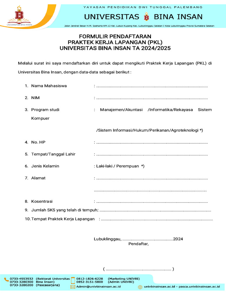 Formulir Pendaftaran PKL | PDF