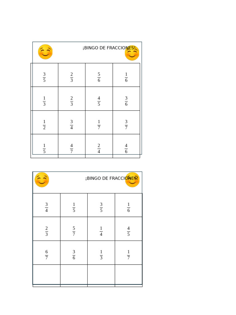 Bingo de Fracciones: Juego Educativo | PDF