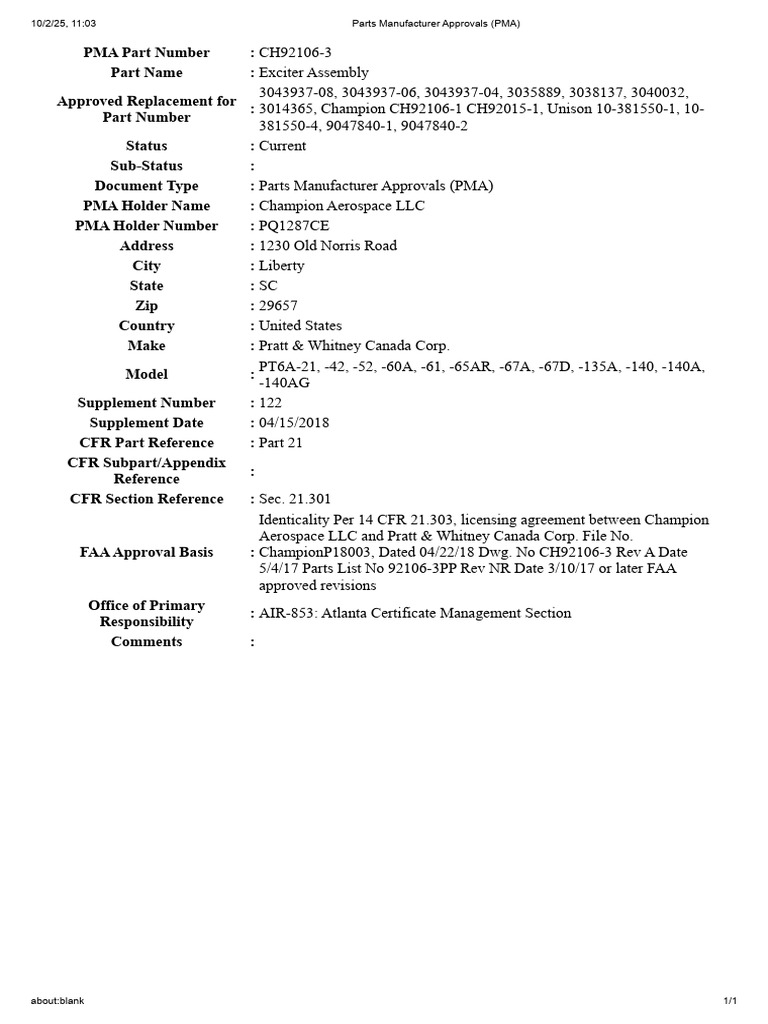 Parts Manufacturer Approvals (PMA) (6) | PDF