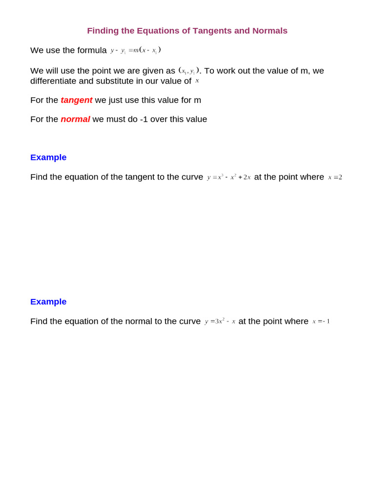 Finding The Equations of Tangents and Normals Notes | PDF
