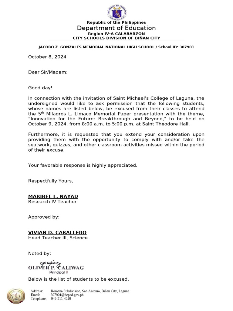 Excuse Letter and Consent Letter For SMCL | PDF | Social Institutions