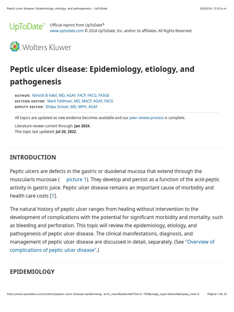 Peptic Ulcer Disease Epidemiology, Etiology, and Pathogenesis ...