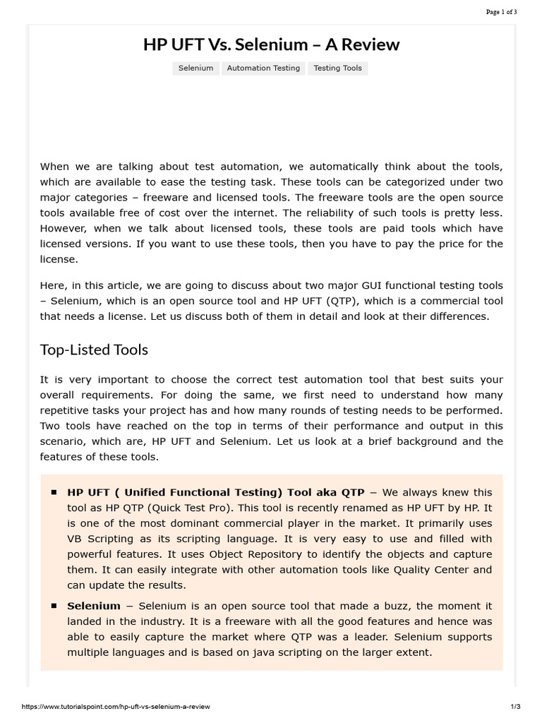 HP UFT vs. Selenium - A Review | PDF | Selenium (Software) | Scripting Language