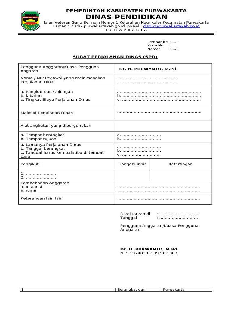 Form. SURAT PERJALANAN DINAS (Format 2022) | PDF