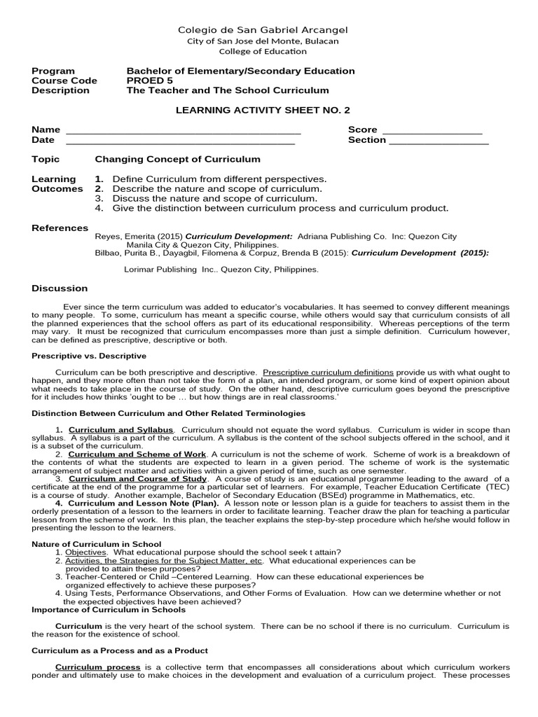 Learning Sheet No. 2 PROED 5 | PDF | Curriculum | Teachers