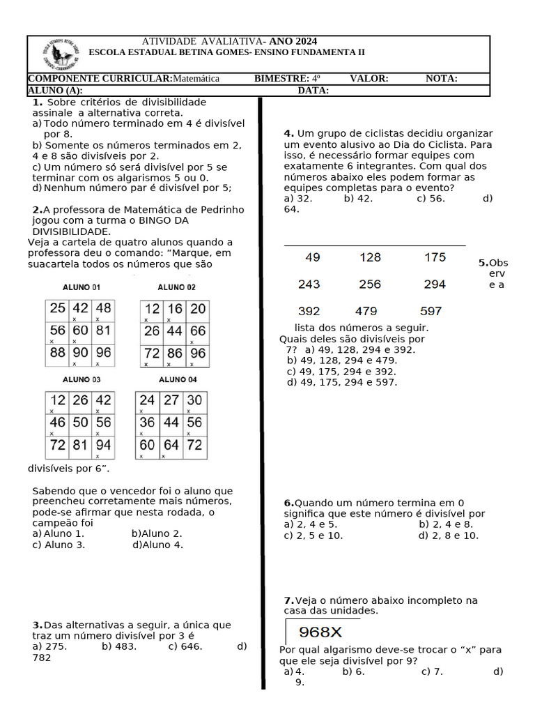 Atividade Criterio de Divisibilidade, MMC e MDC | PDF