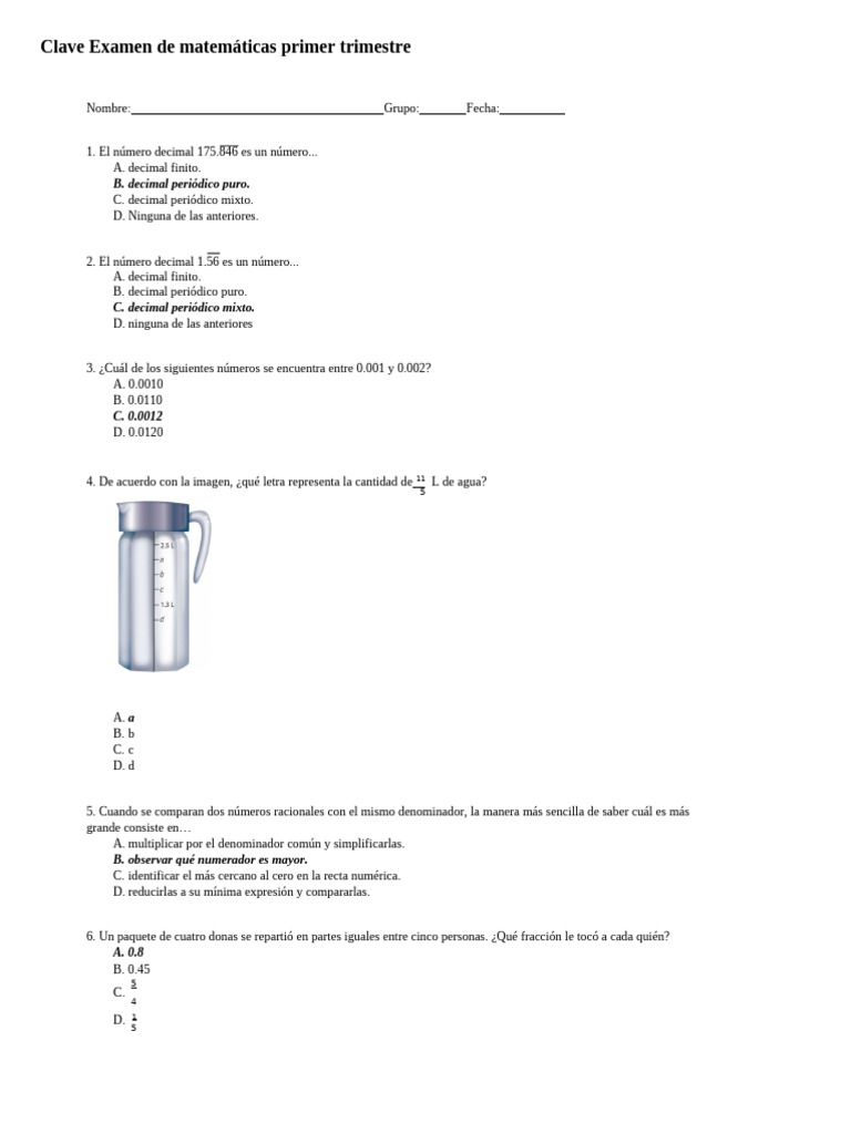 Exa Mat t1 Resp | PDF | Aritmética | Matemática Elemental