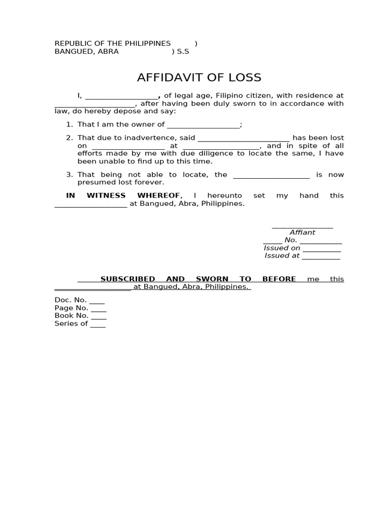Affidavit of Loss - FORM | PDF