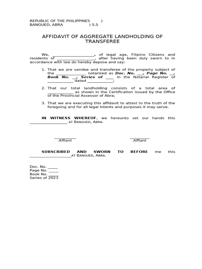 Affidavit of Total Landholding - Form | PDF