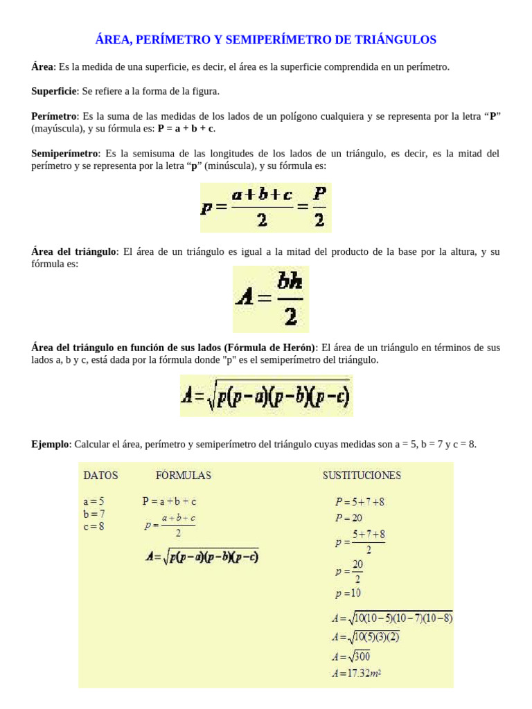 Area, Perimetro y Semiperimetro de Triangulos | PDF